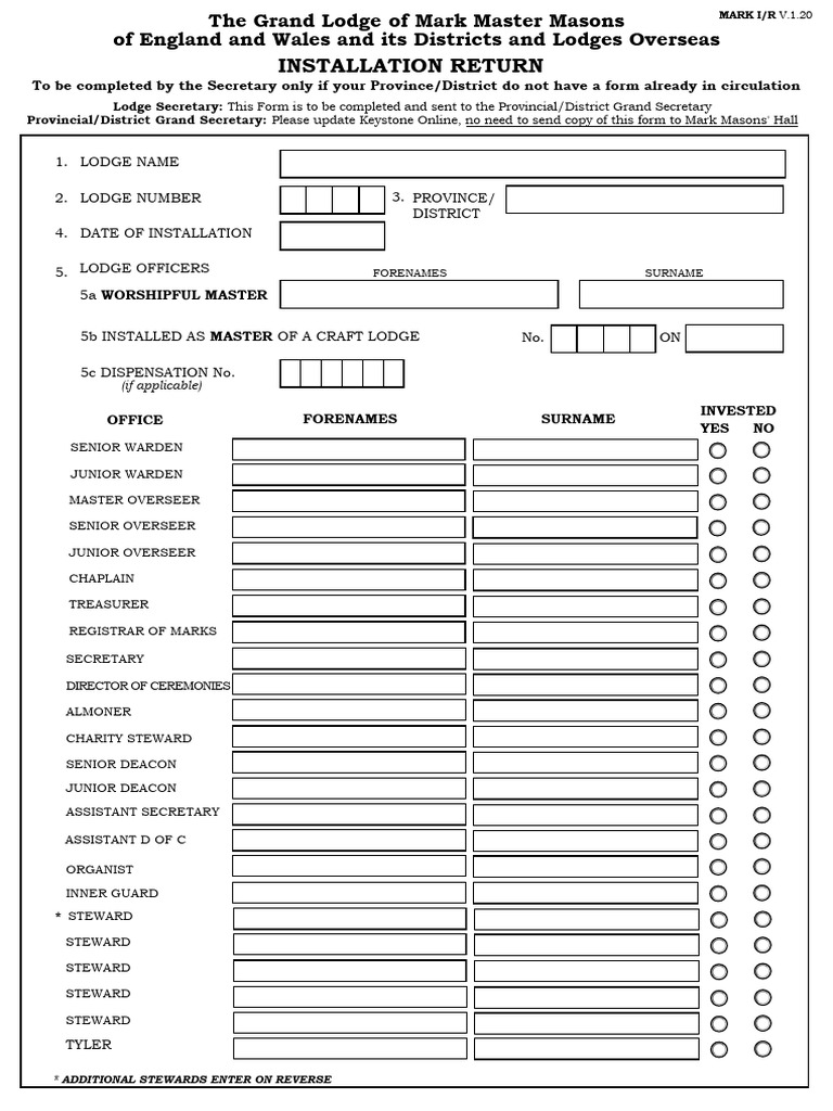 Mark Master Masons Lodge Installation Form | PDF