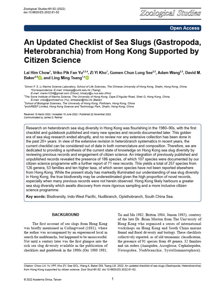 An Updated Checklist of Sea Slugs (Gastropoda, Heterobranchia) From ...
