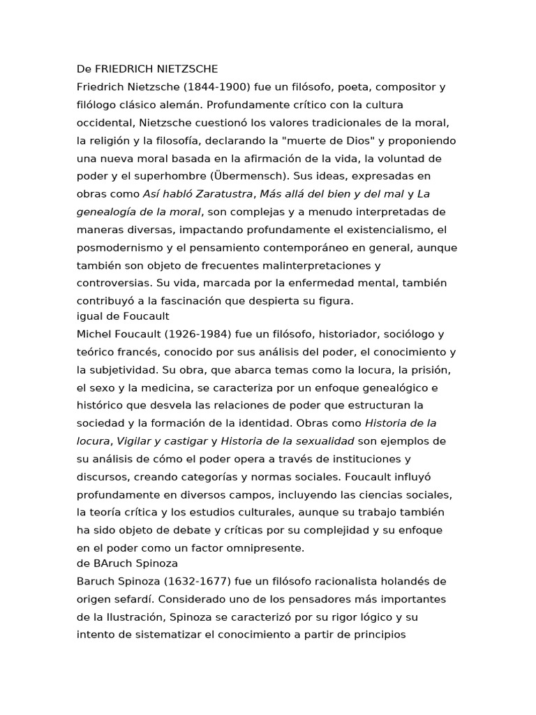 Filosofía de Nietzsche, Foucault y Spinoza | PDF | Friedrich Nietzsche ...