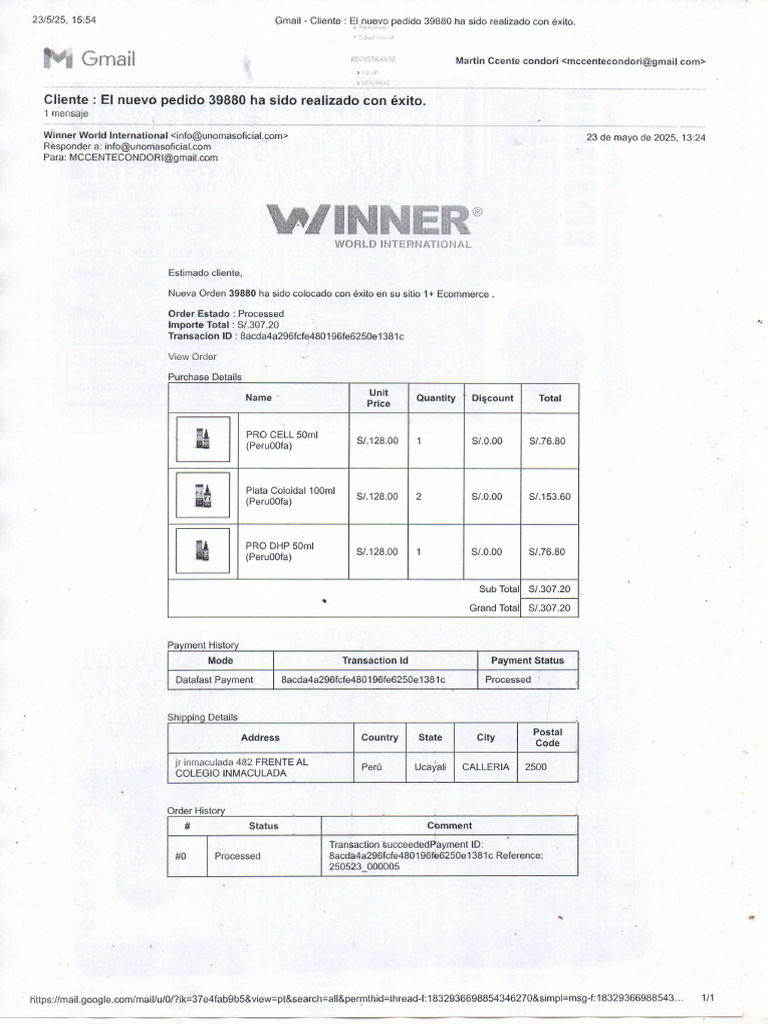 Ccente Recepcionado Notificacion Del Pédido Winner | PDF