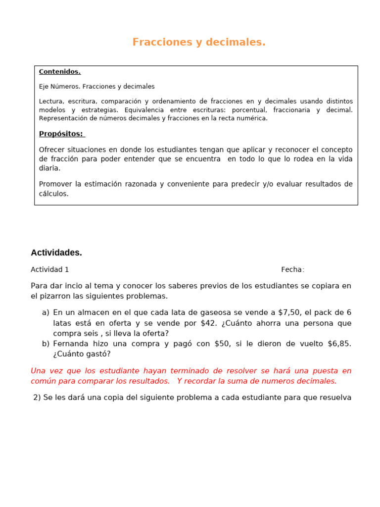 Fracciones y Decimales: Actividades Educativas | PDF