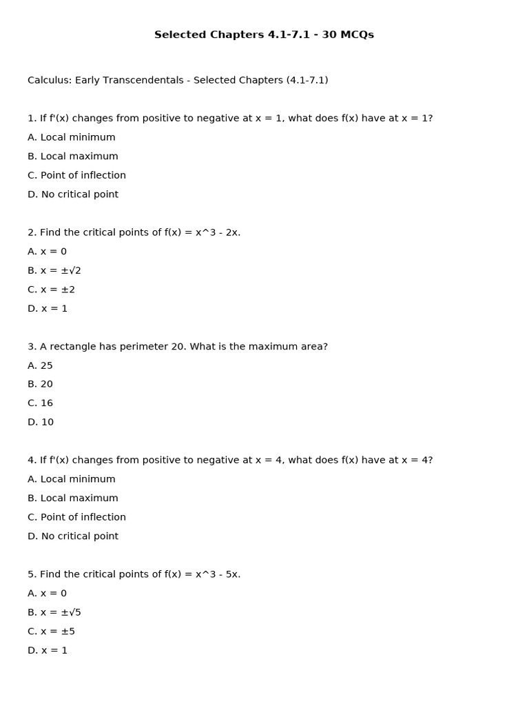 Calculus Selected Chapters 4.1 To 7.1 30 MCQs | PDF | Area ...