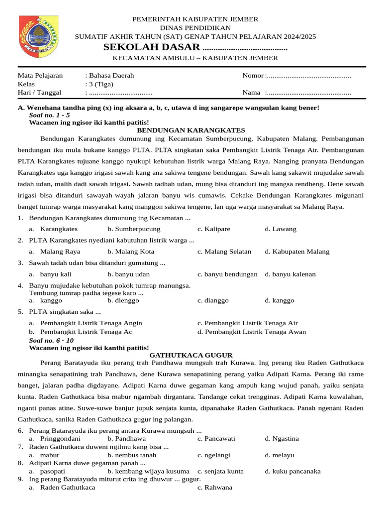 Soal Sat Bahasa Daerah Genap Fix | PDF