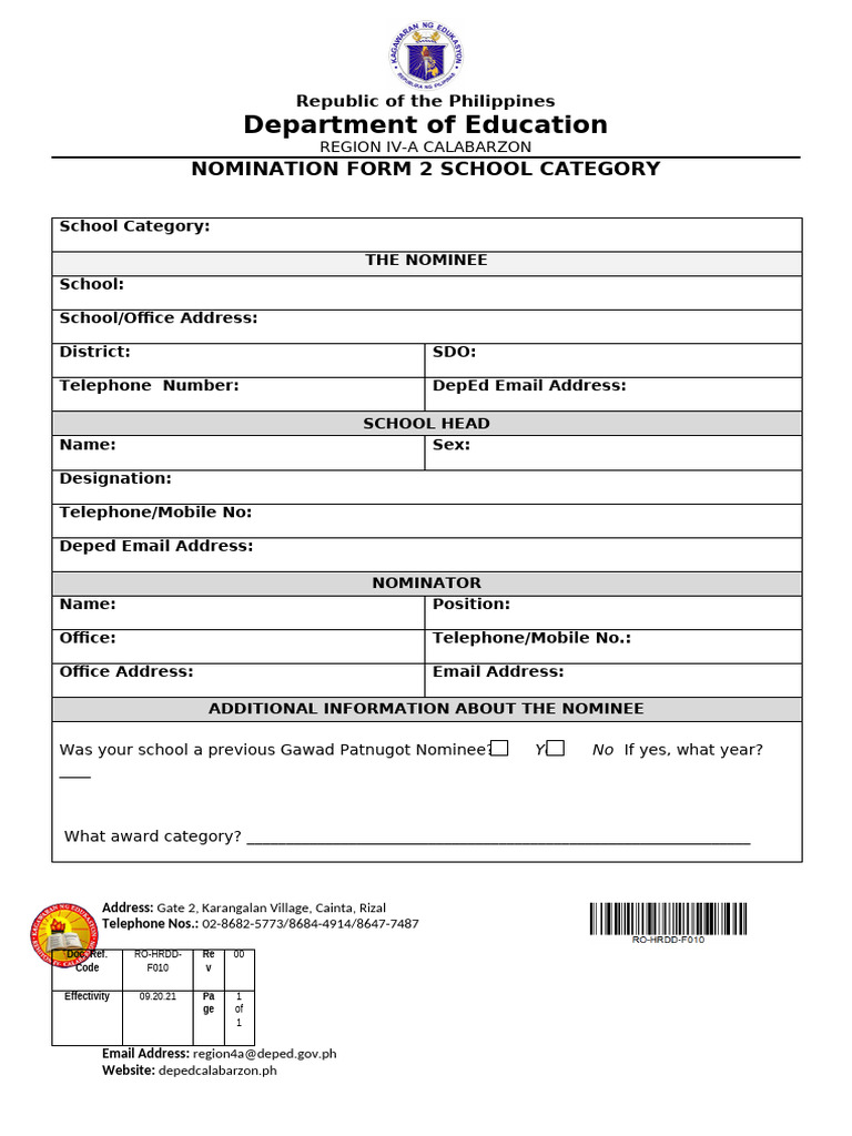Nomination Form School Category PROJECT UPGRADE | PDF | Learning
