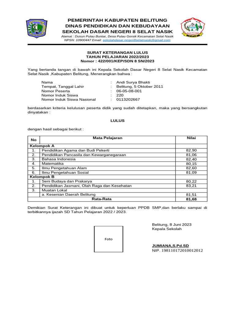 Surat Keterangan Lulus SD 2023 Belitung | PDF