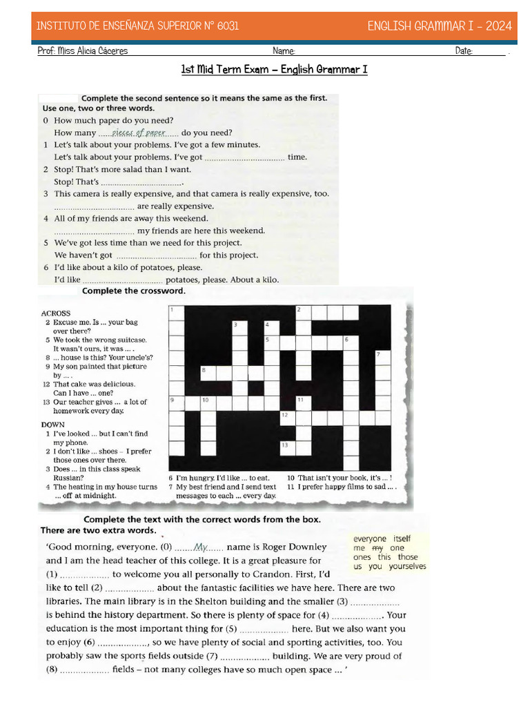 1st Mid Term Exam - English Grammar I | PDF