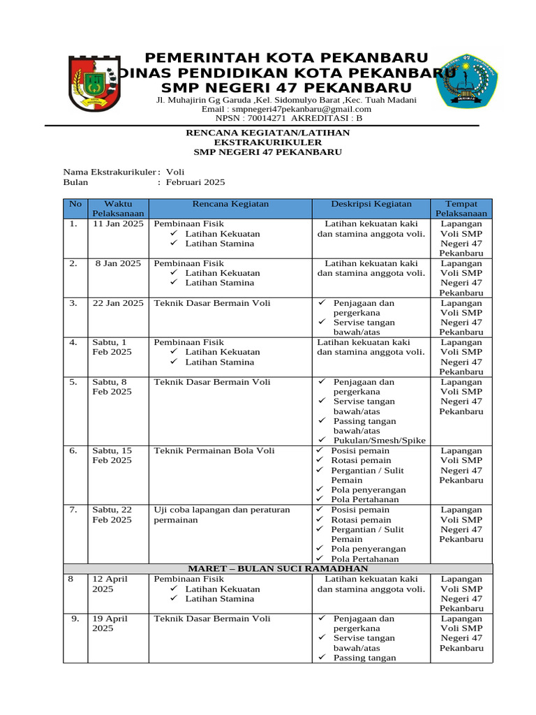 Rencana Kegiatan Ekskul Genap-Voli | PDF