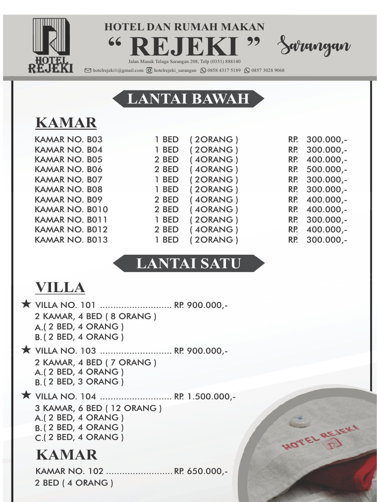 Harga Kamar dan Villa Hotel Rejeki | PDF