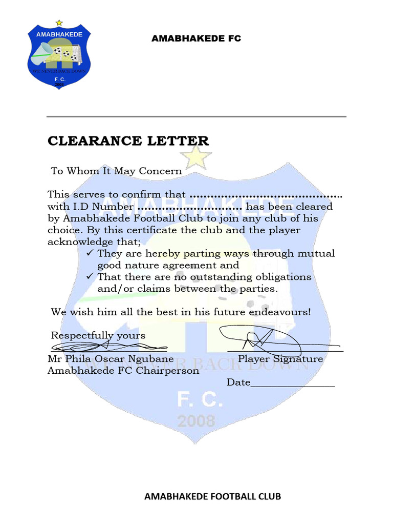 Amabhakede FC Player Clearance Letter | PDF