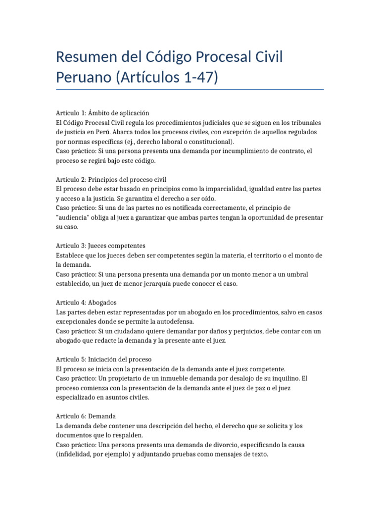 Resumen Codigo Procesal Civil Peruano | PDF | Demanda judicial | Ley ...