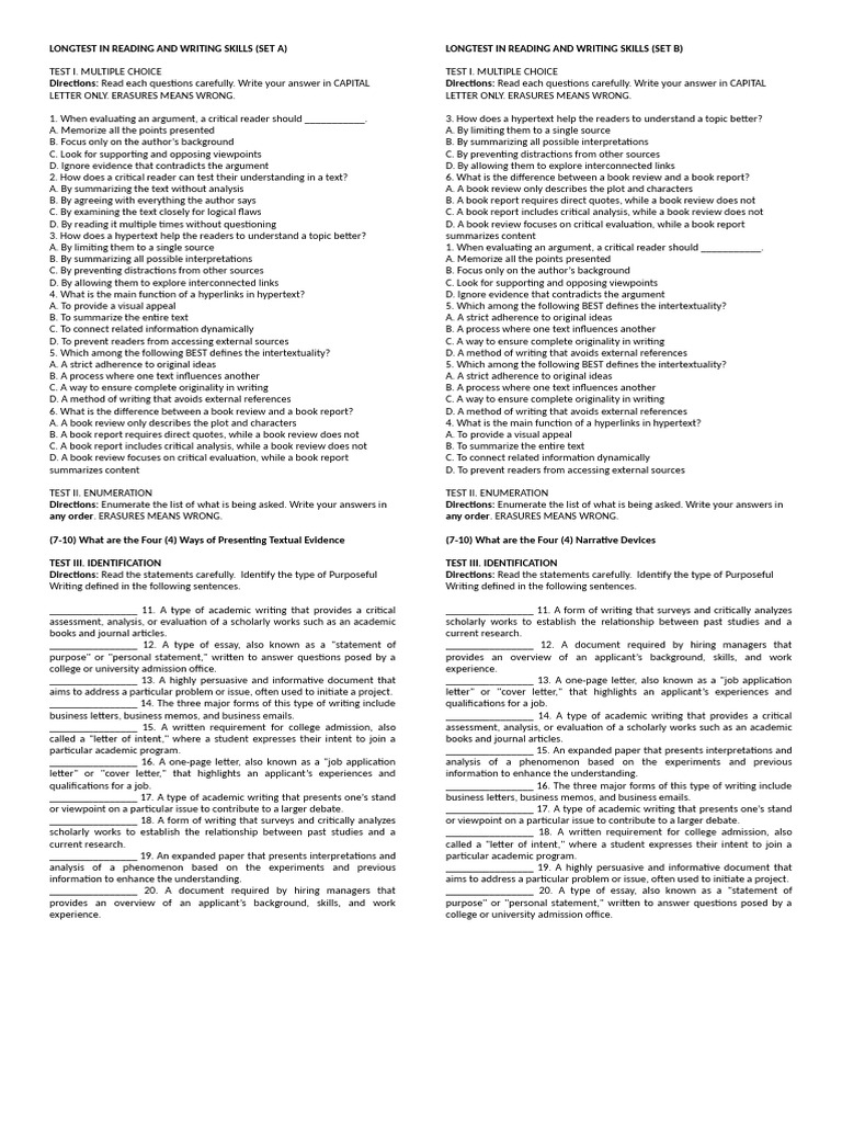 Longtest in Reading and Writing Skills Finals | PDF | Multiple Choice ...