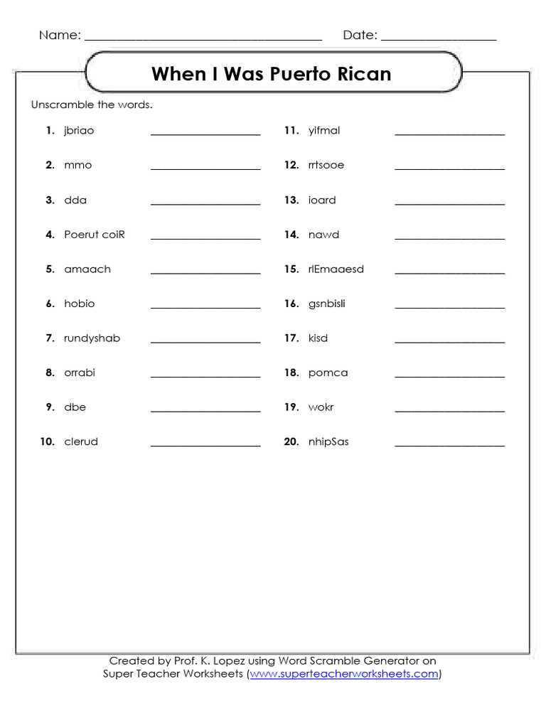 Super Teacher Worksheets - When I Was Puerto Rican | PDF