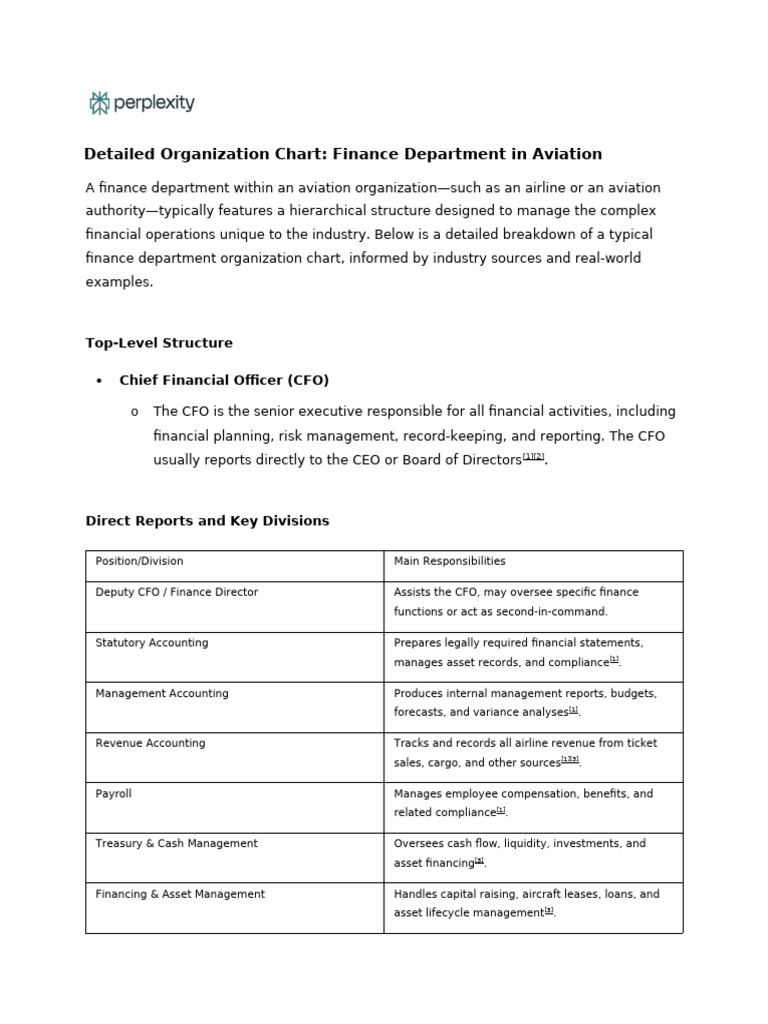 Detailed Organization Chart Finance Department in Aviation | PDF ...