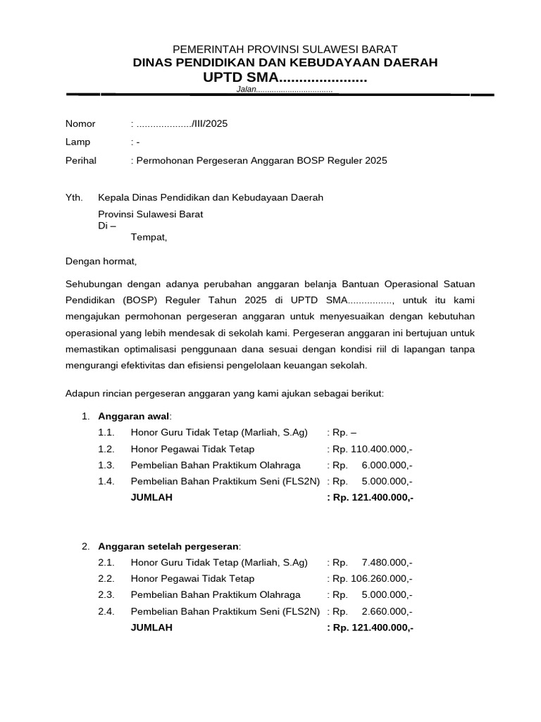 Permohonan Pergeseran Anggaran BOSP 2025 | PDF