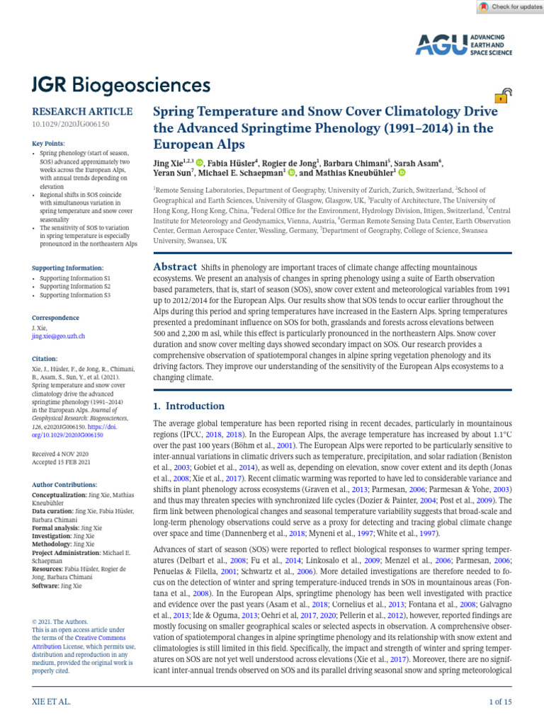 JGR Biogeosciences - 2021 - Xie - Spring Temperature and Snow Cover ...