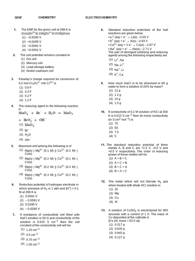 Electrochemistry Quiz 250602 201526 | PDF | Electrochemistry | Redox