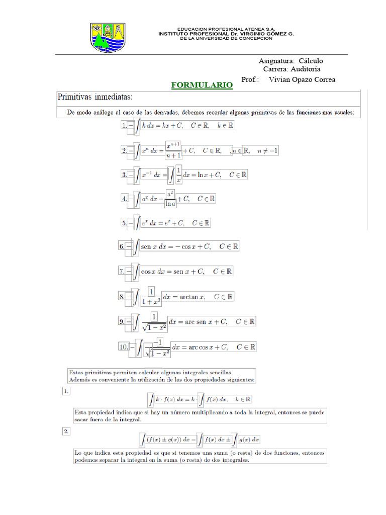 Formulario Integrales - Inmediatas Auditoría 2025-1 | PDF