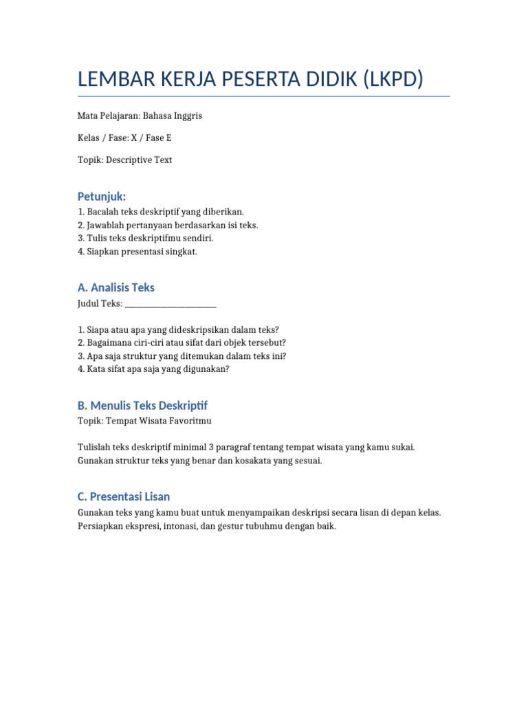 LKPD Descriptive Text Kelas 10 | PDF