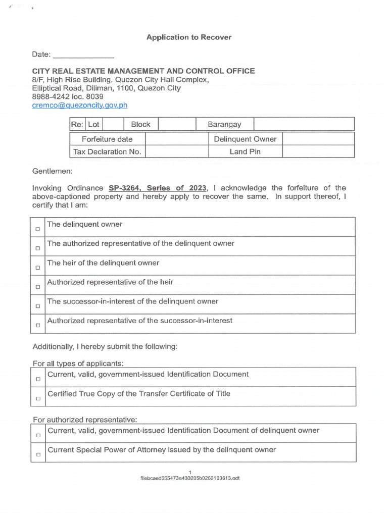 Application Form - Recovery of Delinquent Property | PDF