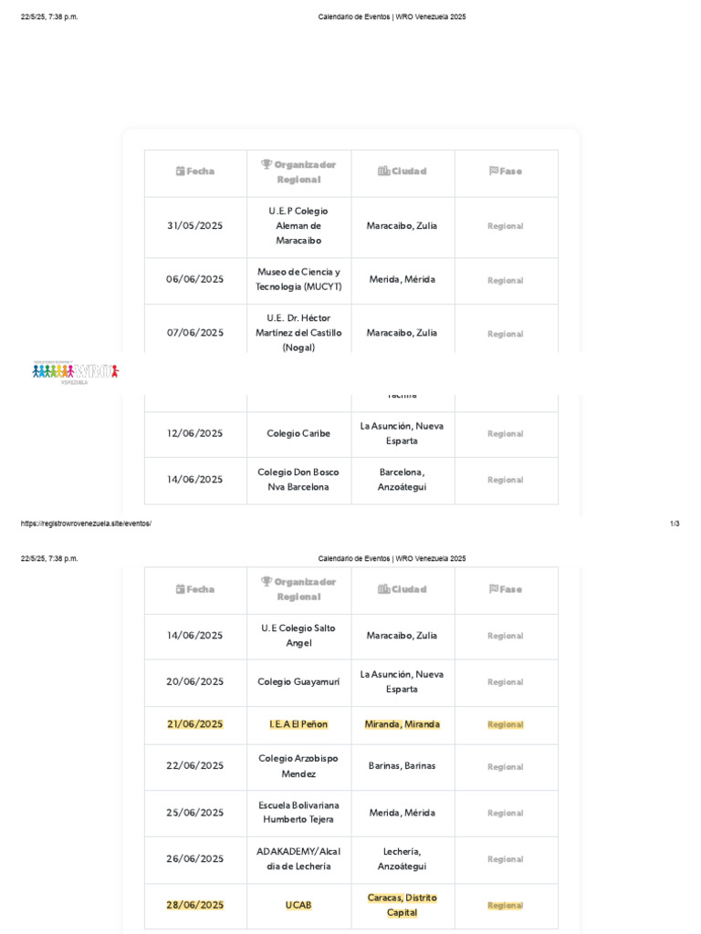 Calendario WRO Venezuela 2025 | PDF