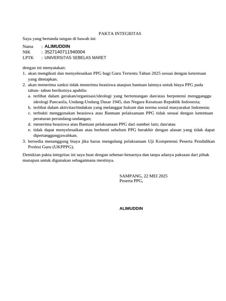 Pakta Integritas PPG 2025 Alimuddin | PDF