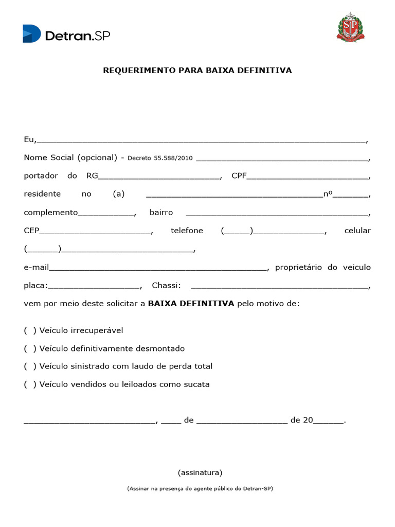 Requerimento de Baixa Definitiva Do Veículo | PDF
