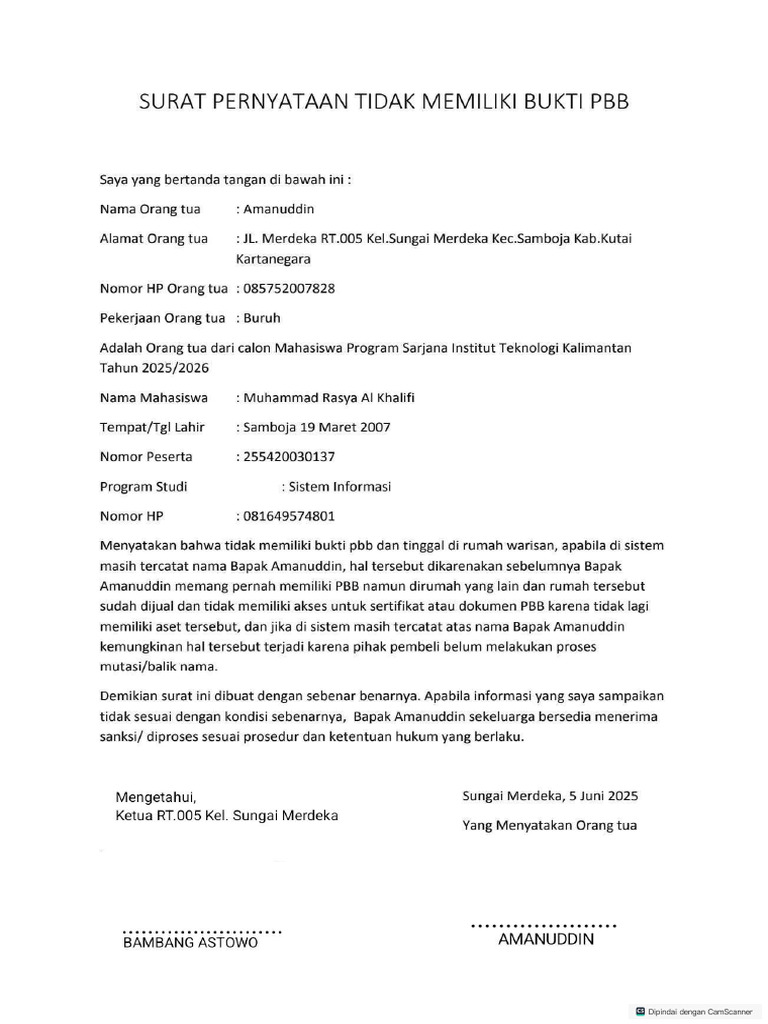 Surat Pernyataan Tidak Memiliki Bukti PBB | PDF