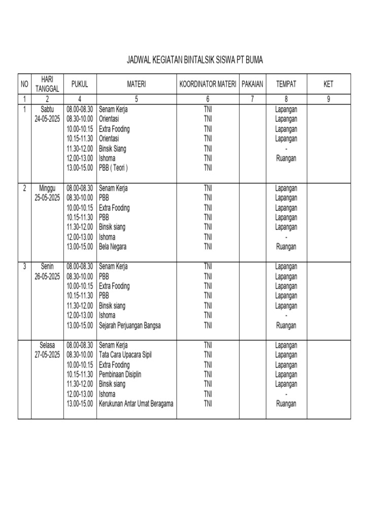 Jadwal Kegiatan Siswa Bintalsik PT Buma | PDF