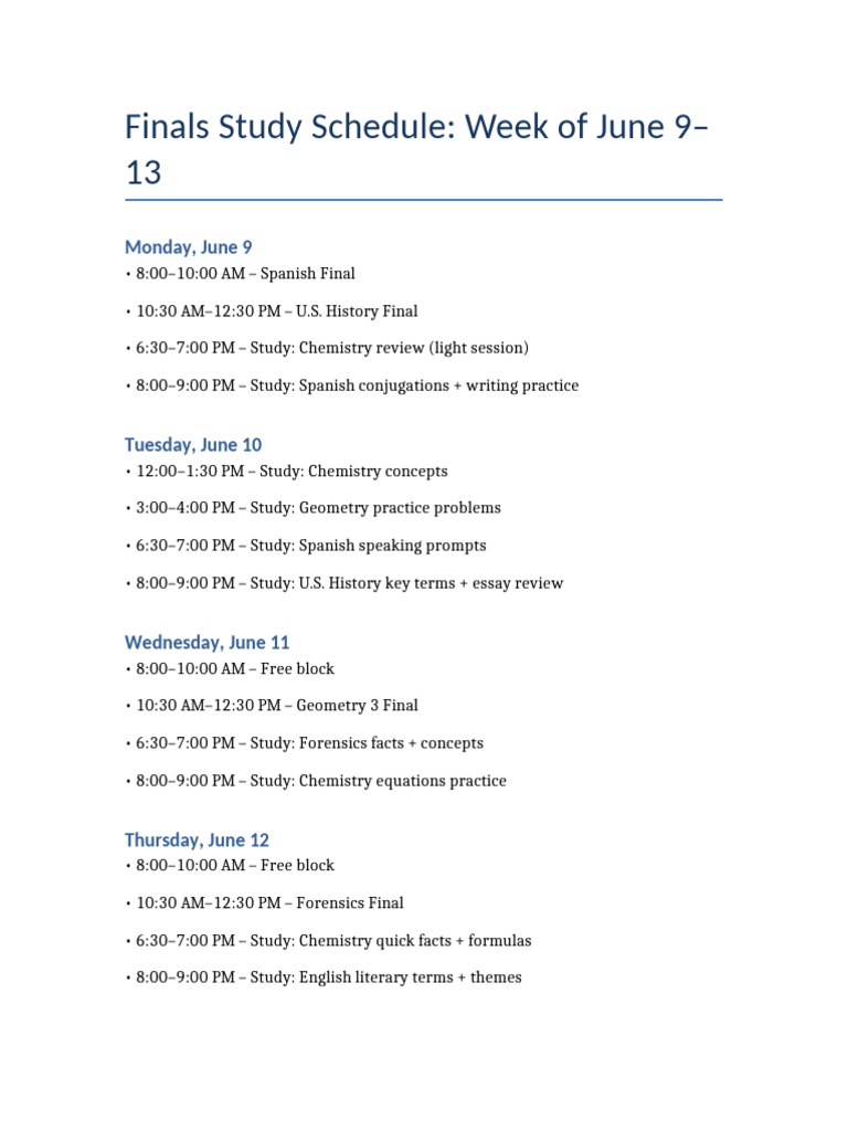Finals Study Schedule Week of June 9 | PDF