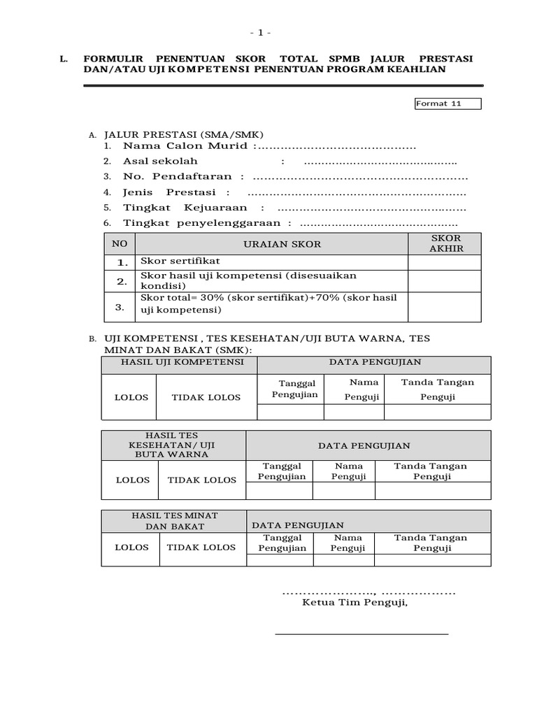 Formulir Penentuan Skor Total SPMB Jalur Prestasi Dan Atau Uji ...