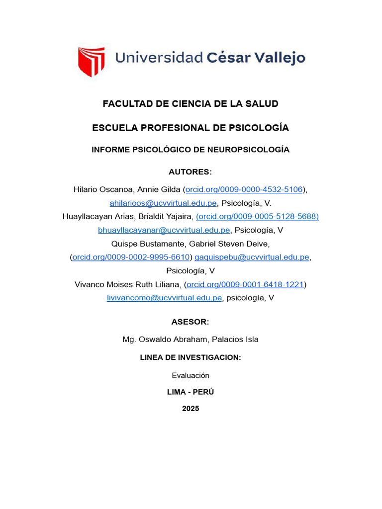 Informe Neuropsicológico de Hilario Oscanoa | PDF | Memoria | El embarazo