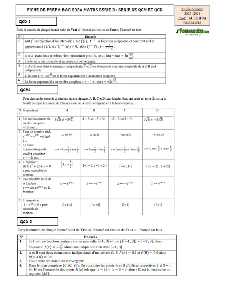 Fiche de Prepa Bac 2024 Maths Serie D Serie de QCM Et QCD | PDF