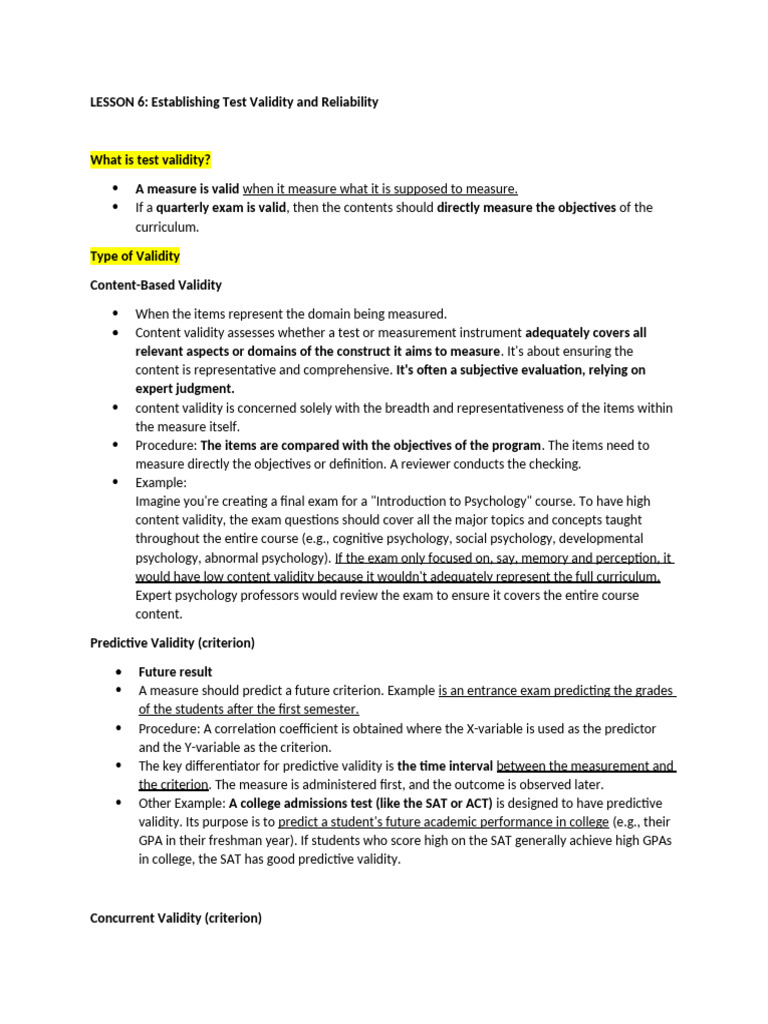 LESSON 6 Assessment Reviewer | PDF | Validity (Statistics) | Emotional Intelligence