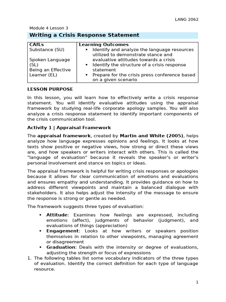 LANG2062 - M4L3 - Writing A Crisis Response Statement - SN-1 | PDF ...