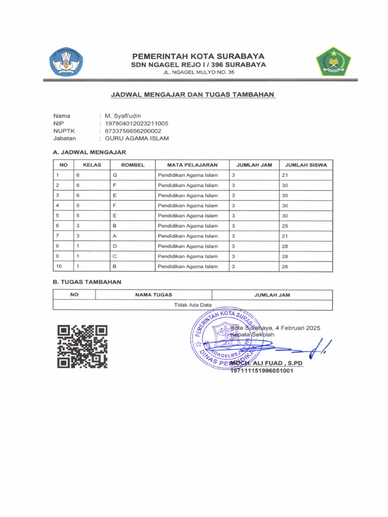 Jadwal Mengajar Dan Tugas Tambahan - Pak Udin | PDF