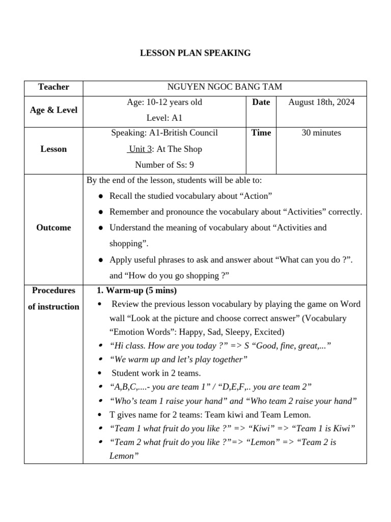 A1 Speaking Lesson Plan: At The Shop | PDF | Neuroscience | Mental ...