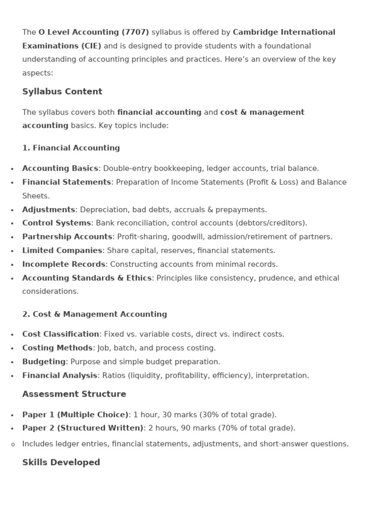 Cambridge O Level Accounting 7707 Syllabus | PDF | Debits And Credits ...