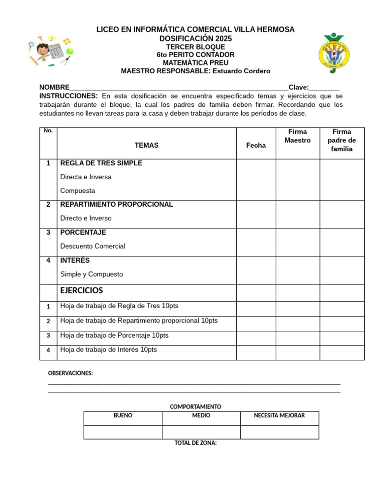 Dosificación 6to Perito 3er Bloque Prof Cordero | PDF