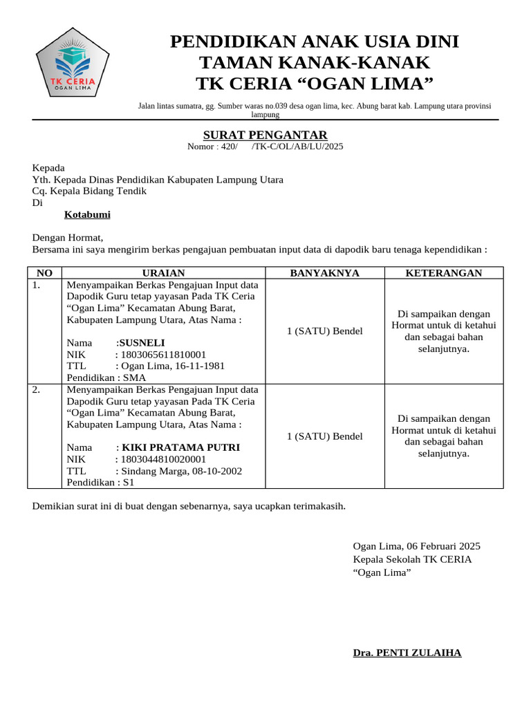 Pengajuan Data Dapodik TK Ceria Ogan Lima | PDF