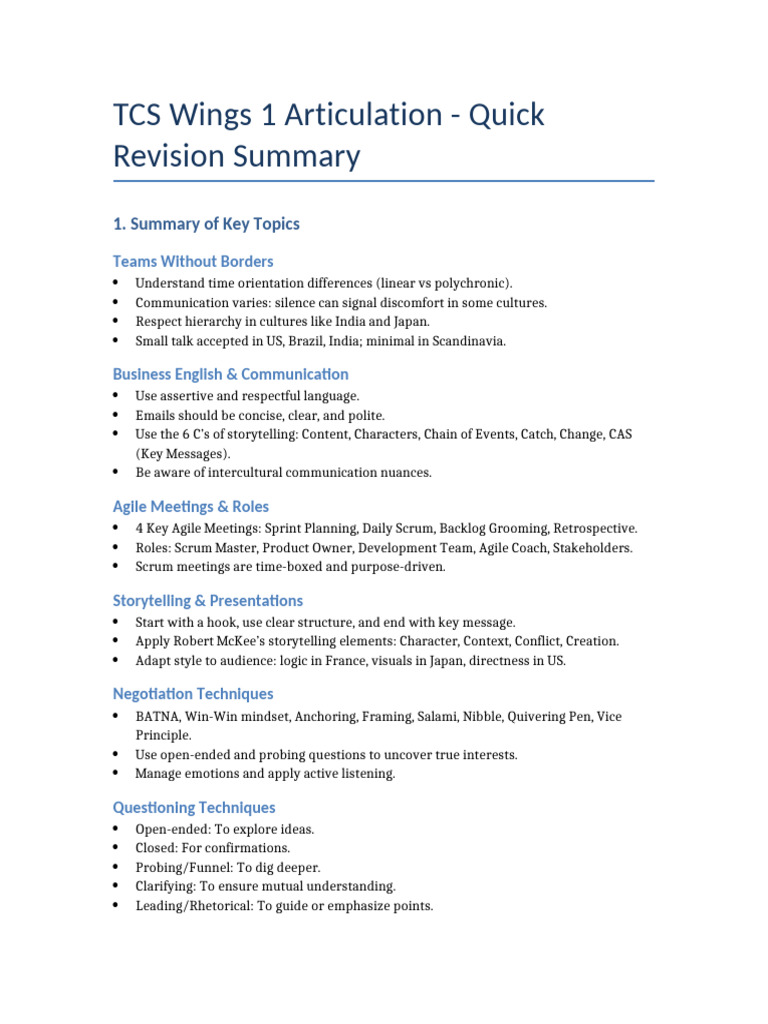 TCS Wings1 Articulation Revision Summary | PDF | Scrum (Software Development) | Human Communication