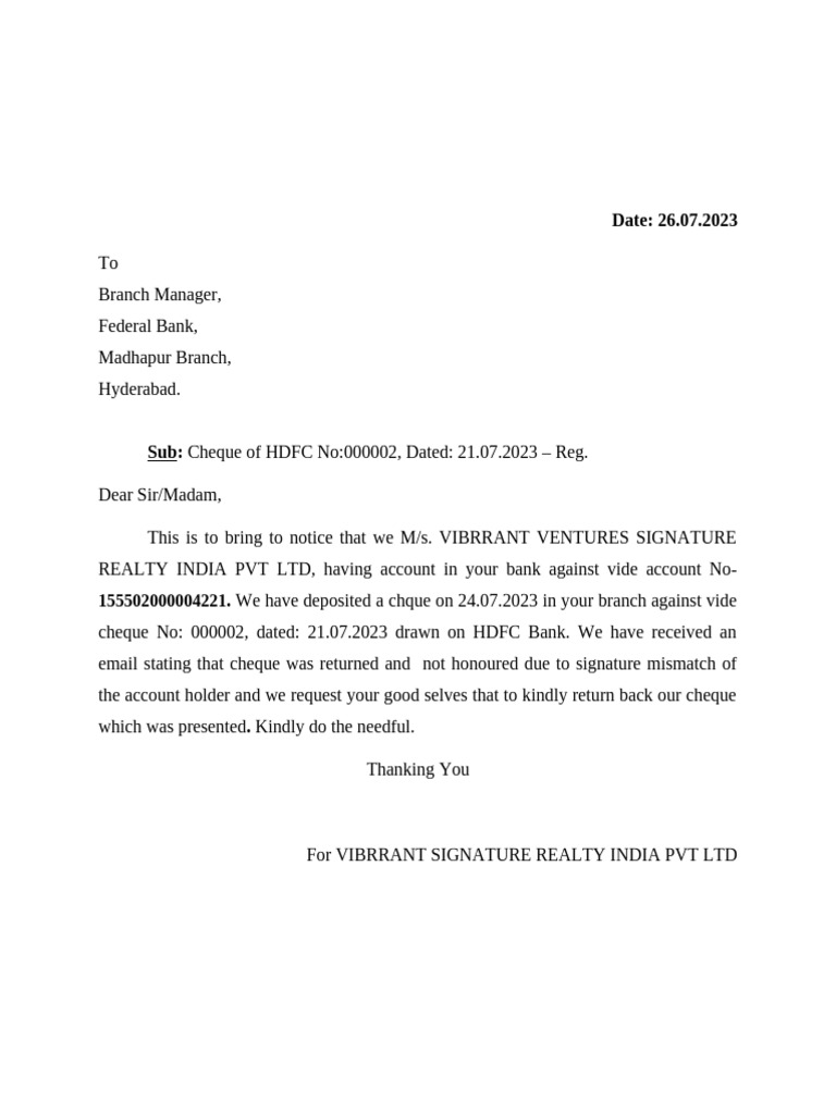 HDFC Cheque Return Request to Federal Bank | PDF