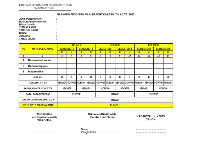 Format Blangko Raport Calon Prajurit Tni Ad Ta 2025 | PDF