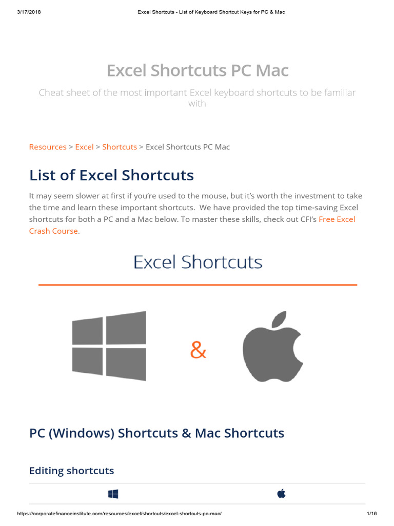 Excel Shortcuts - List of Keyboard Shortcut Keys for PC & Mac | PDF ...