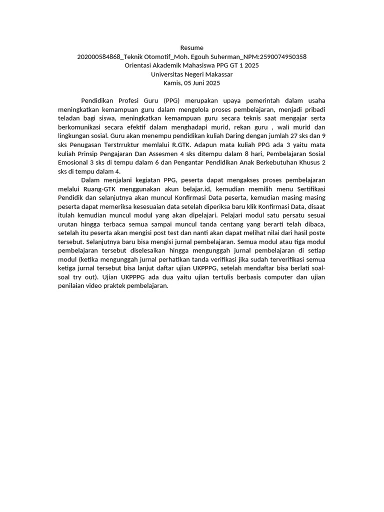 Resume Orientasi PPG UNM 2025 | PDF