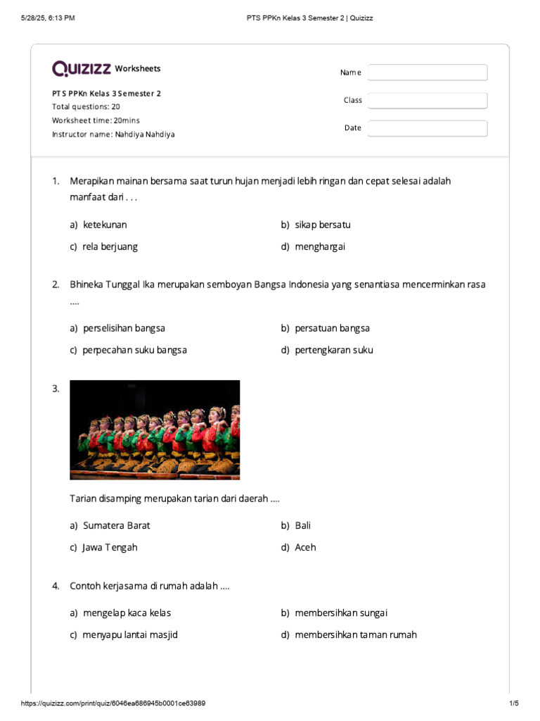PTS PPKN Kelas 3 Semester 2 - Quizizz | PDF