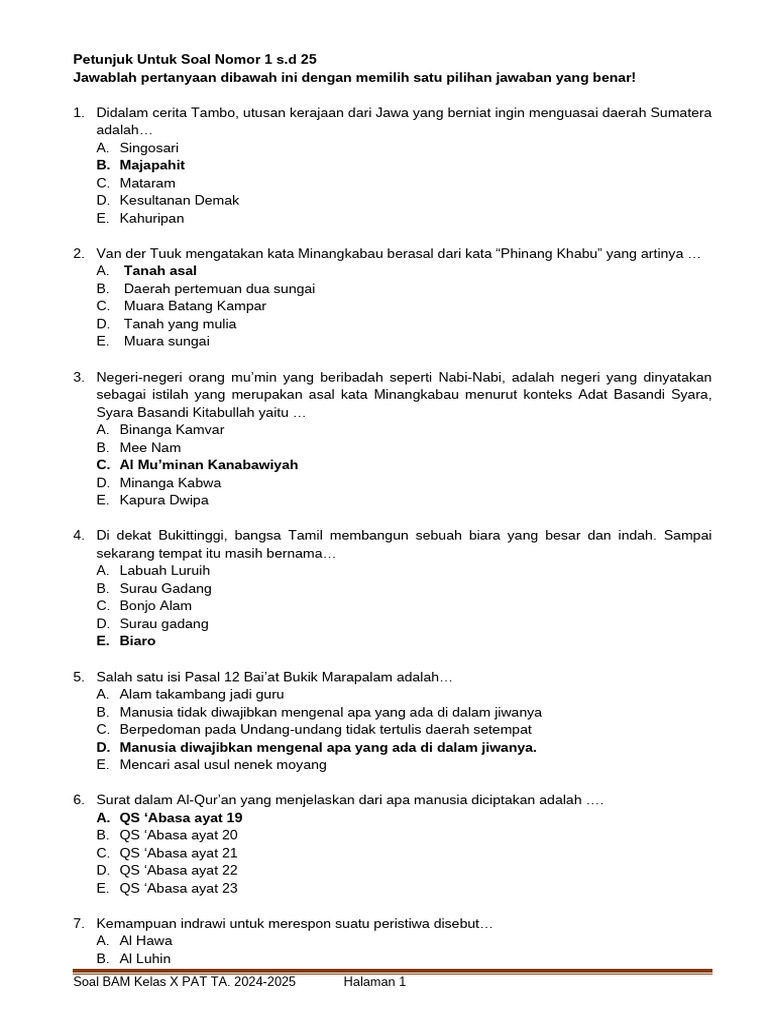Soal Pat 2024-2025 Bam | PDF