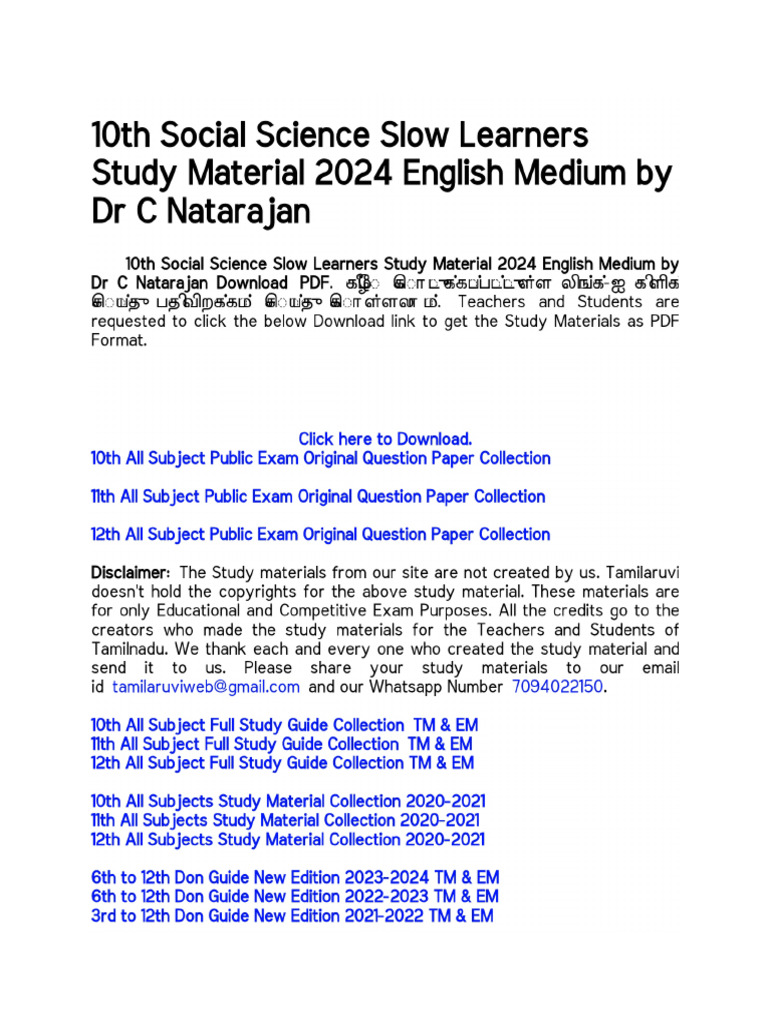 10th Social Science Slow Learners Study Material 2024 English Medium by ...