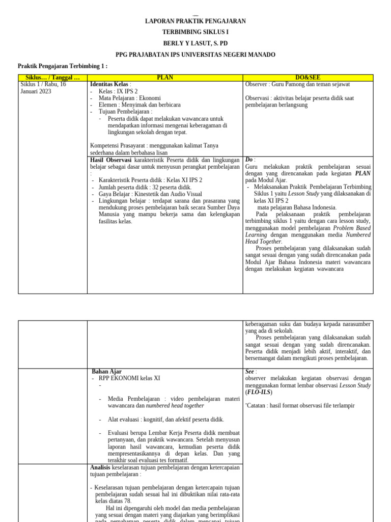 Laporan Praktik Pengajaran Terbimbing Siklus 1 | PDF