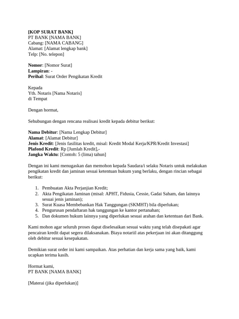 Surat Order Notaris Kredit Bank | PDF