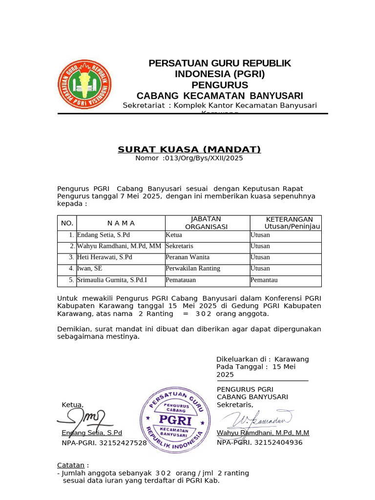 Surat Mandat Pgri Kab 2025 | PDF